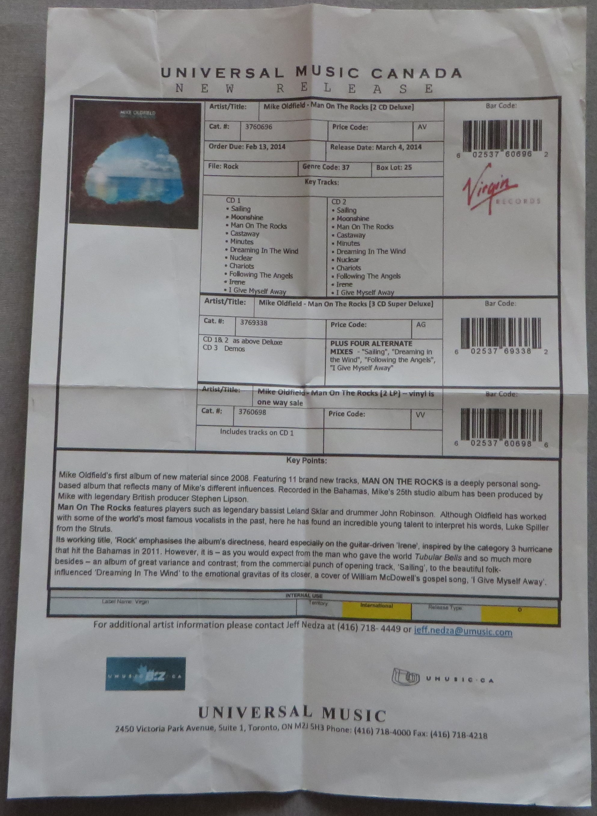 Man On The Rocks Universal Music CD - Mike Oldfield Worldwide Discography