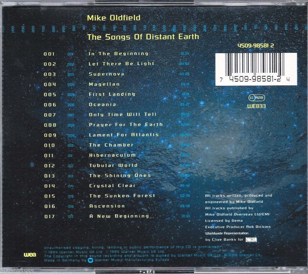 The Songs Of Distant Earth Wea CD - Mike Oldfield Worldwide Discography