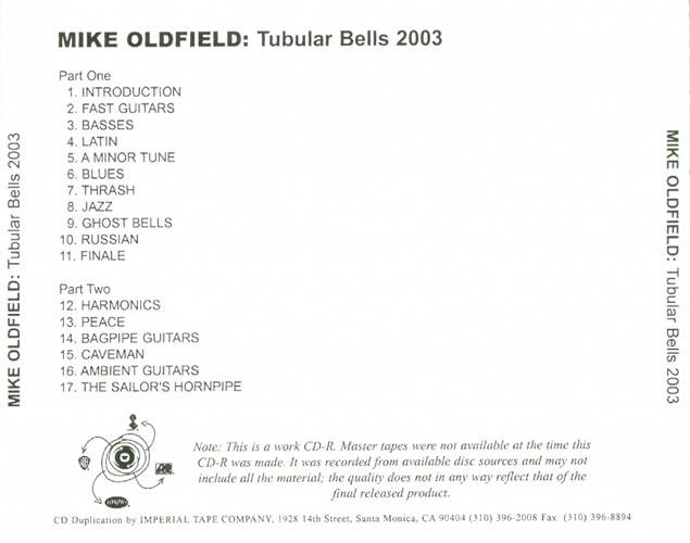 Tubular Bells 2003 Wea CD - Mike Oldfield Worldwide Discography